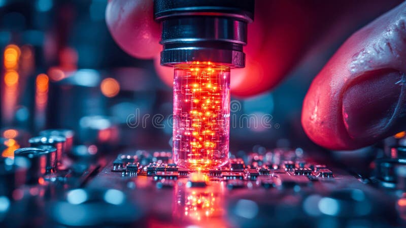 A Close-up of a Glowing Microchip Under Magnification, Symbolizing ...
