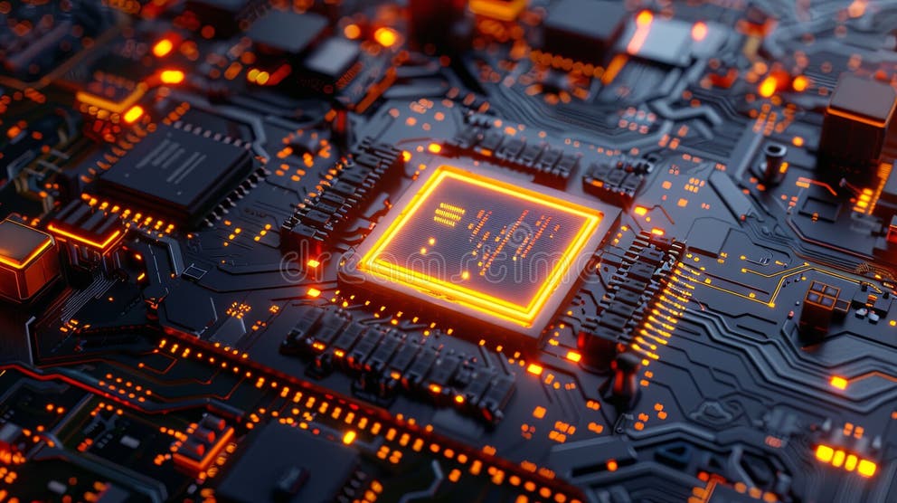 Close-up of a Glowing Microprocessor on a Motherboard, with Digital ...