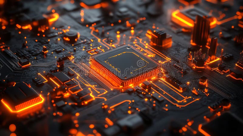 Close-up of a Glowing Orange CPU on Black Circuit Board with Intricate ...