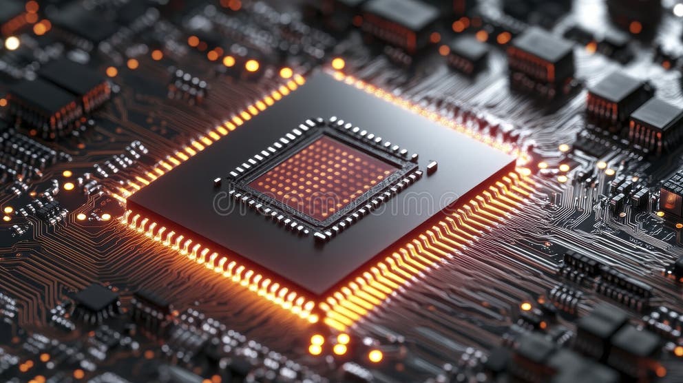 Close Up of Glowing Orange CPU on Black Circuit Board Stock ...