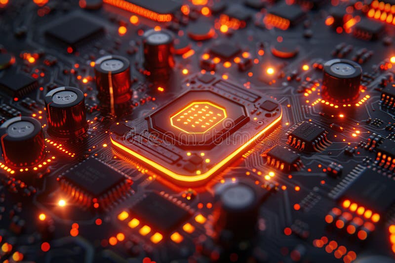 Close-up of a Glowing Orange CPU on a Motherboard Stock Illustration ...
