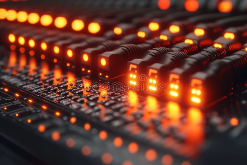 Close Up of Glowing Orange LED Server Rack Lights Symbolizing High ...