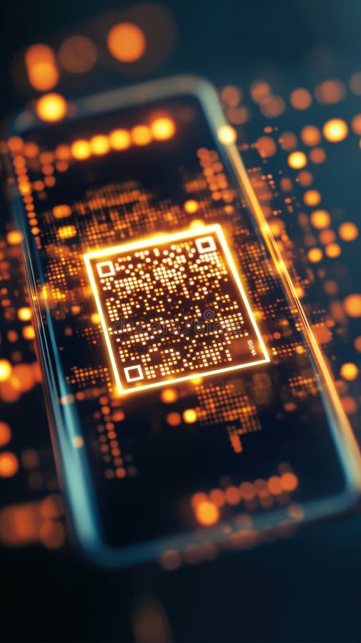 Close-up of a Glowing QR Code Scanned by Smartphone in a Cashless ...