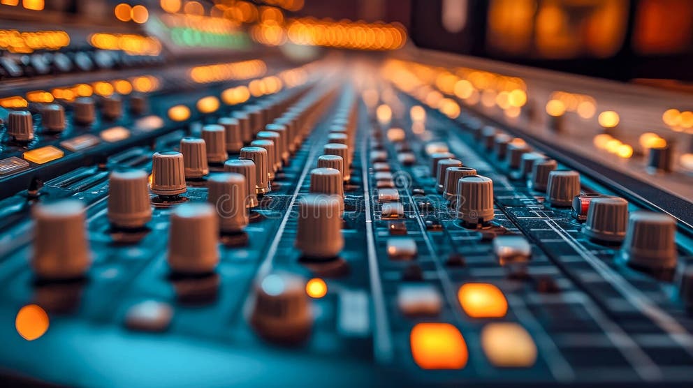 Close-up of a Glowing Radio Studio Audio Mixer Console with Illuminated ...