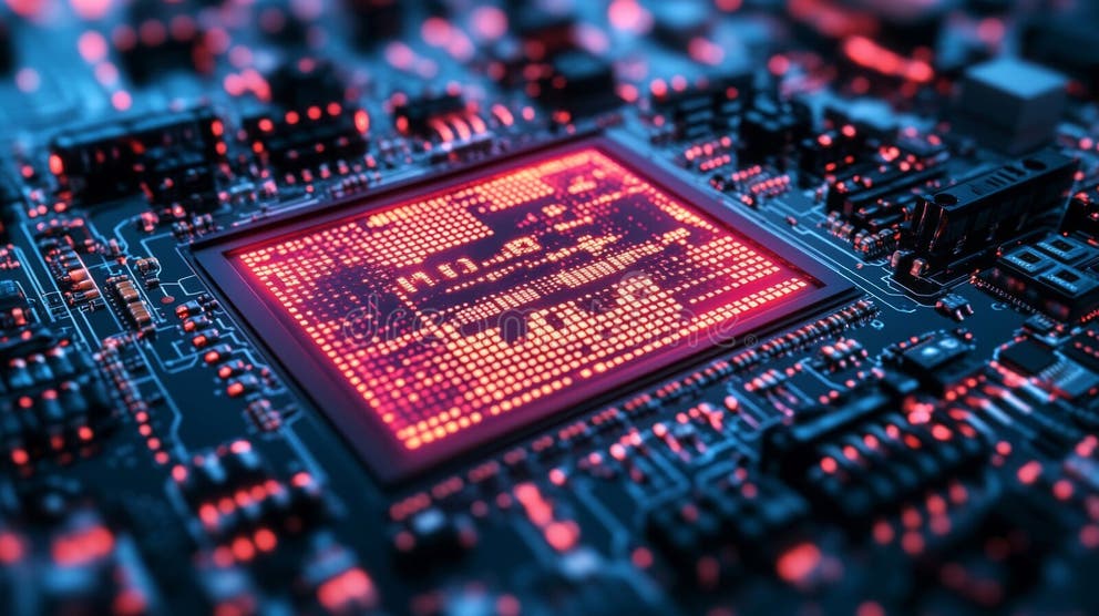 Close Up of Glowing Red and Blue Circuit Board with Central Processor ...