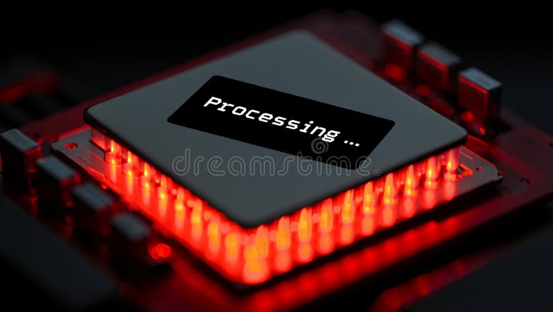Close Up of a Glowing Red Computer Processor Indicating Complex Data ...