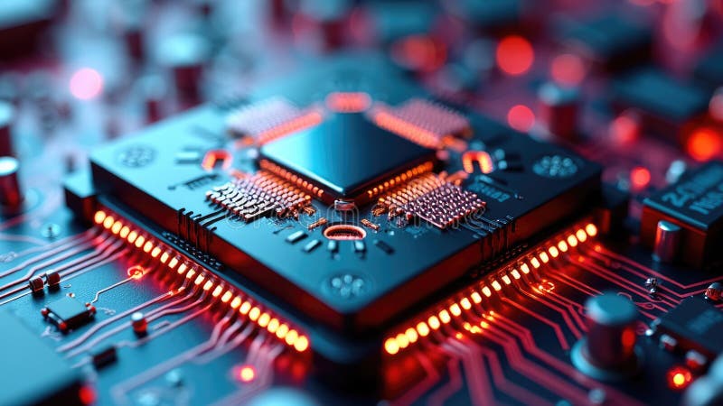Close-up of Glowing Red Microchip on a Circuit Board in Technology ...