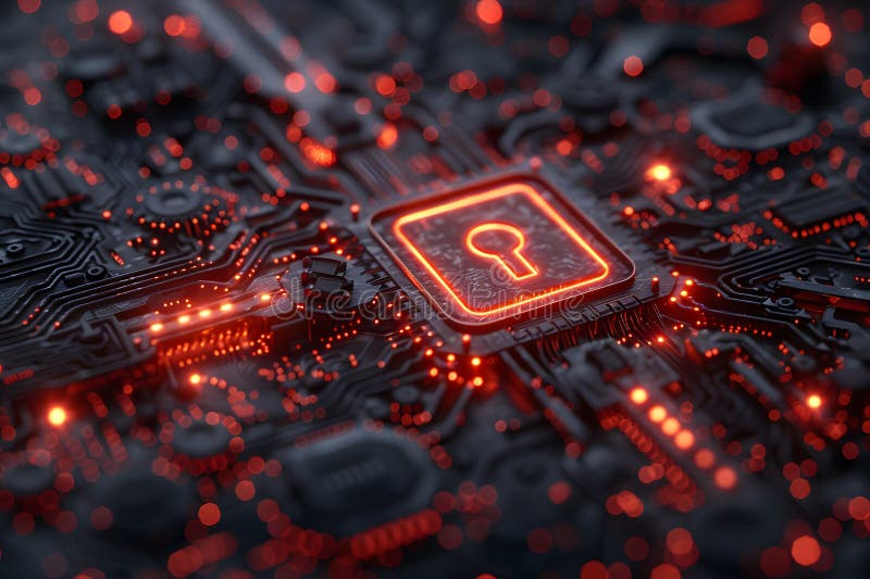 Cybersecurity Concept: Glowing Red Padlock on Circuit Board for ...