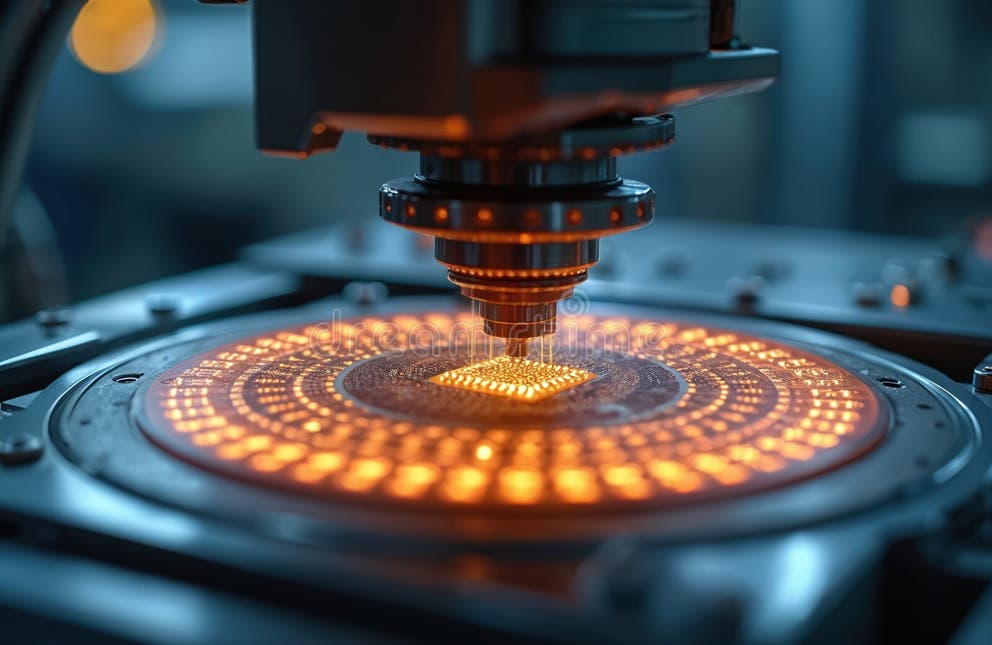 Close-up of Glowing Silicon Chip Manufacturing. Semiconductor ...