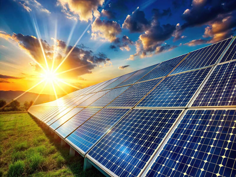 Close-up of Glowing Solar Panels Reflecting Sunlight: a Sustainable ...