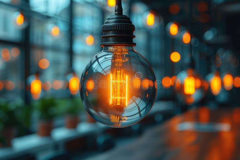 Glowing Edison Bulb Hanging in a Modern Cafe with Bokeh Lights Stock ...