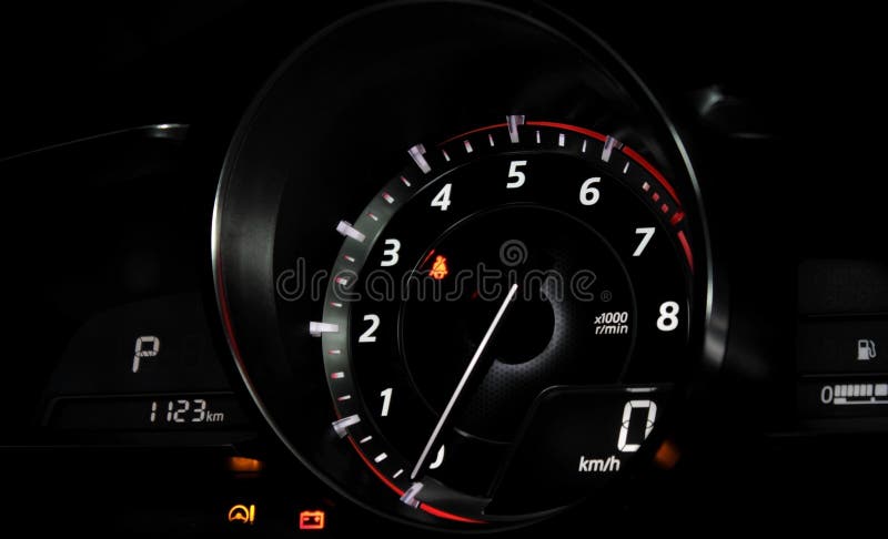 Close Up Glowing Tachometer Needle at Zero Engine Speed on the Car ...