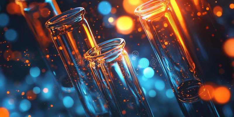 Close-Up of Glowing Test Tubes with Bokeh Effect in a Laboratory ...