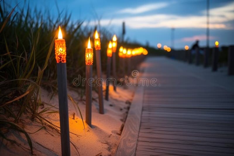 Close-up of Glowing Tiki Torches Lining Beach Pathway Stock Image ...