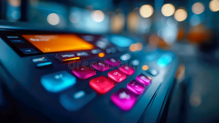 Close-up of a Glowing User Interface Control Panel with Illuminated Multicolor Buttons in Low ...