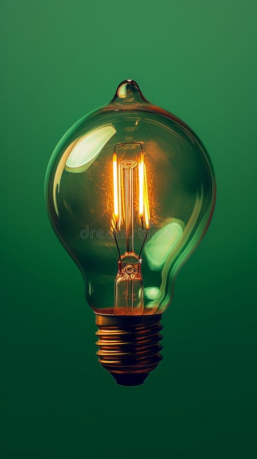 Close-up of a Glowing Vintage Light Bulb on a Green Background Stock ...