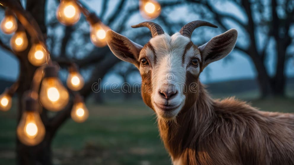 Adorable Brown Goat Posing with String Lights at Dusk Stock ...