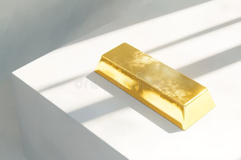 Close-up Gold Bar Placed on White Table Surface with Bright Sunlight ...