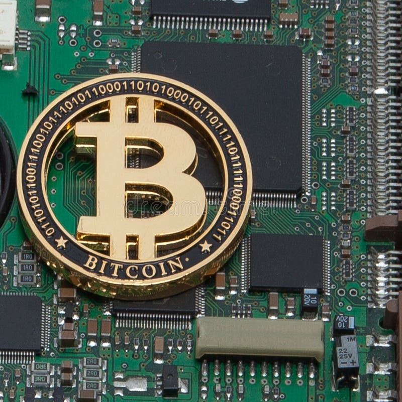 Close-up of Gold Bit Coin, Computer Circuit Board with Bitcoin ...