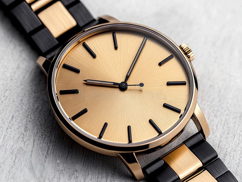 A Close Up of a Gold and Black Watch on a Table Stock Image - Image of ...