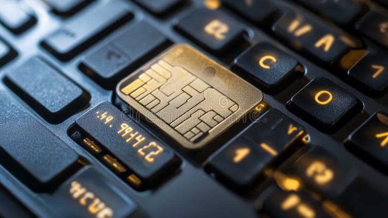 Close-up of a Gold Chip on a Dark Keyboard, Symbolizing Technology ...