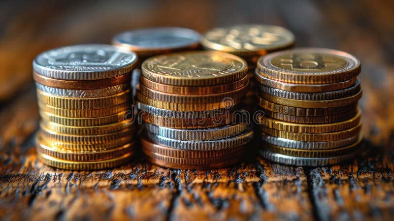 Close Up of Gold Coins Stacked on Wooden Table Stock Image - Image of ...