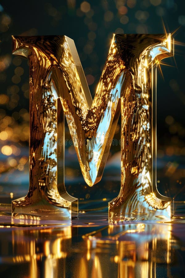 A Close-up of a Gold-colored Letter M on a Reflective Surface Stock ...