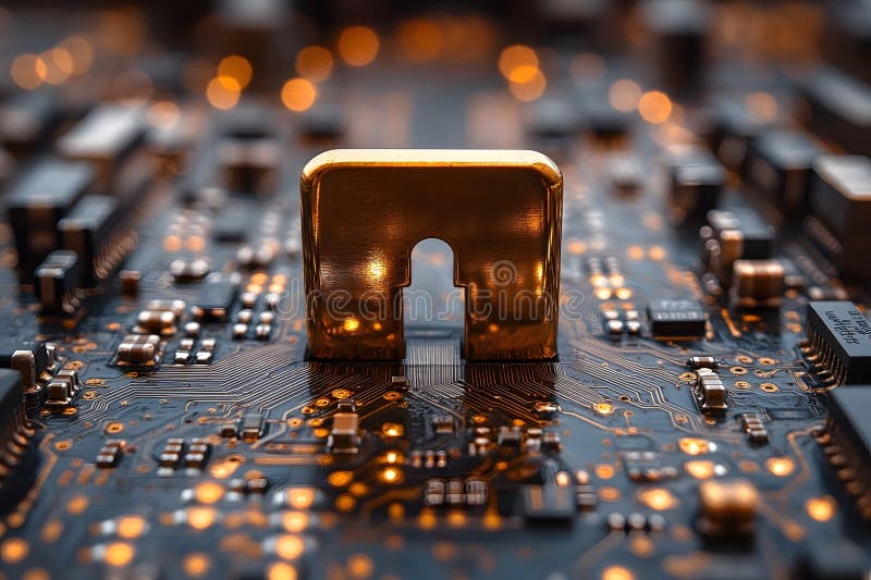 Golden Processor Component on Circuit Board with Glowing Connections ...