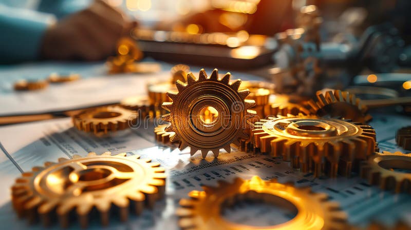 Close-up of Gold Gears on a Table with a Blurred Background ...