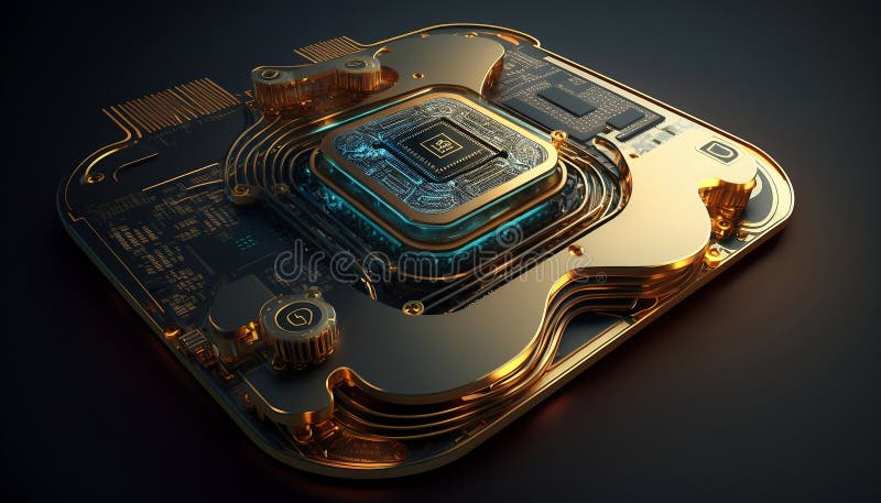 Close-up of Gold Metal Circuit Board Chip a Computer with Neon Lights ...