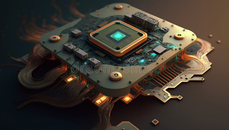Close-up of Gold Metal Circuit Board Chip a Computer with Neon Lights ...