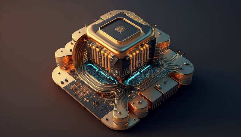 Close-up of Gold Metal Circuit Board Chip a Computer with Neon Lights ...