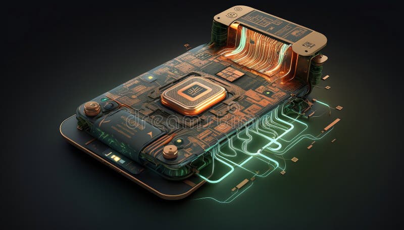 Close-up of Gold Metal Circuit Board Chip a Computer with Neon Lights ...