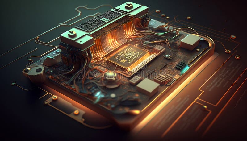 Close-up of Gold Metal Circuit Board Chip a Computer with Neon Lights ...