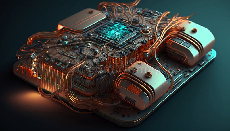 Close-up of Gold Metal Circuit Board Chip a Computer with Neon Lights ...