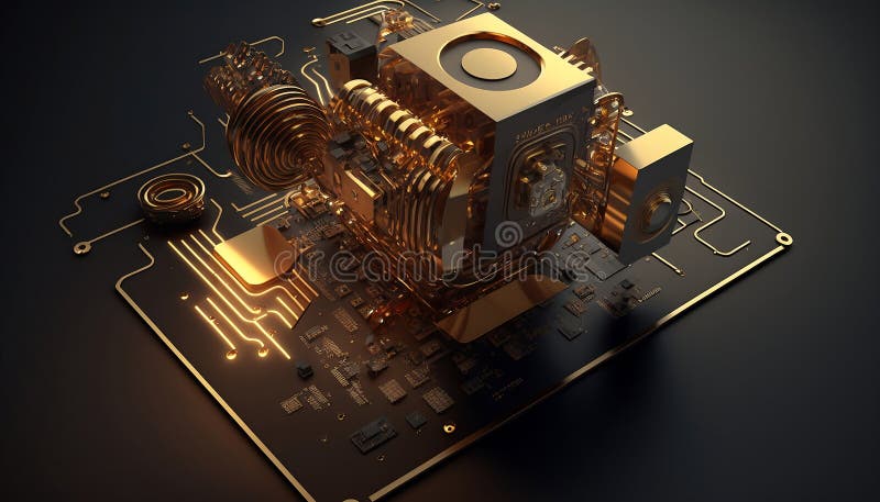 Close-up of Gold Metal Circuit Board Chip a Computer with Neon Lights ...