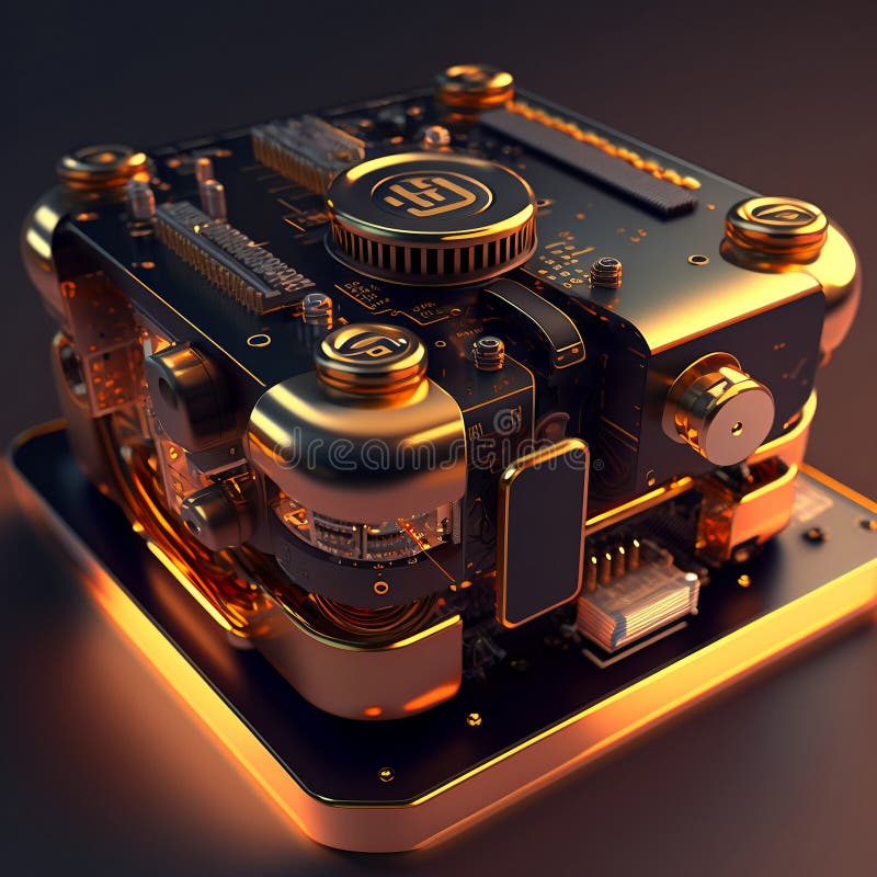 Close-up of Gold Metal Circuit Board Chip a Computer with Neon Lights ...