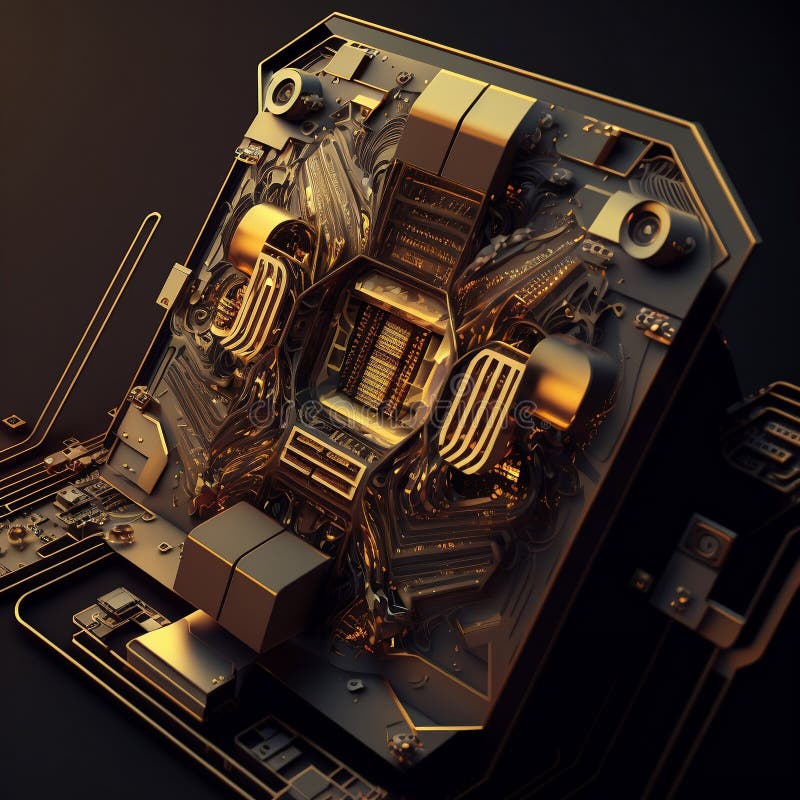 Close-up of Gold Metal Circuit Board Chip a Computer with Neon Lights ...