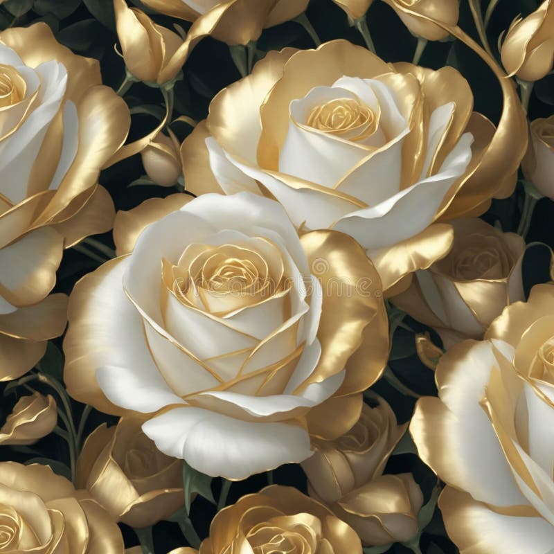 A Close-up of a Gold Roses Pattern Background with White Flowers. AI ...