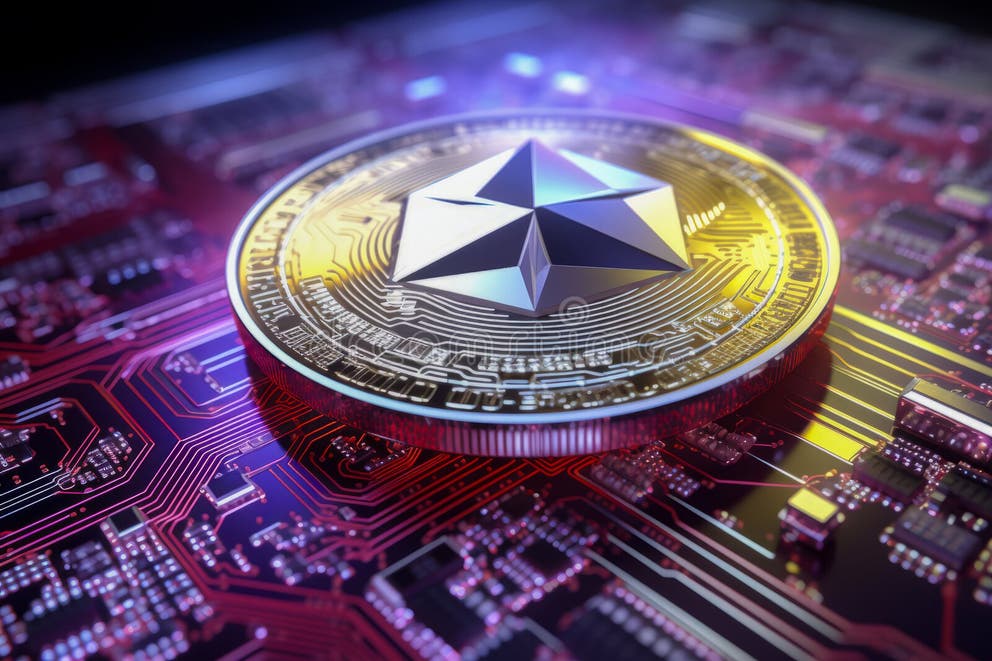 Close Up of Gold and Silver Ether Coin on Computer Chip. Generative AI ...