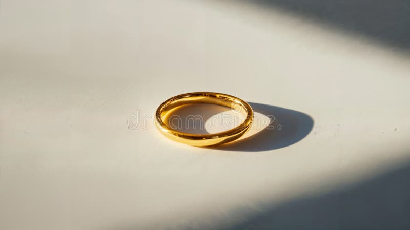 Close-up of a Gold Wedding Ring Casting a Shadow on a White Surface ...