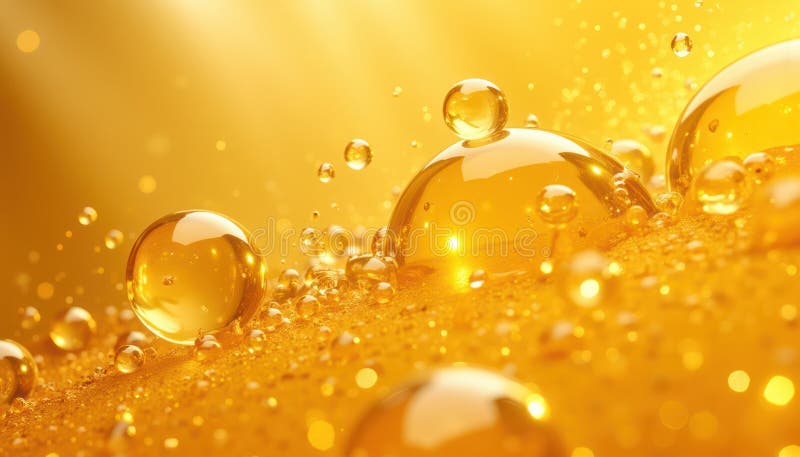 Close-up of Golden Bubbles Reflecting Light on a Soft Golden Surface ...