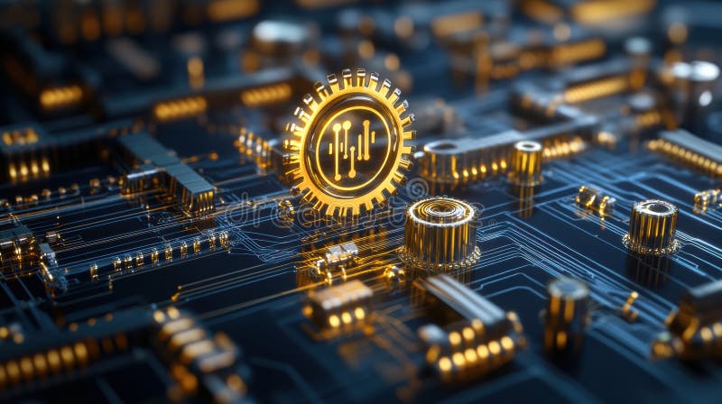 Close-up of a Golden Circuit Board Featuring a Glowing Central ...