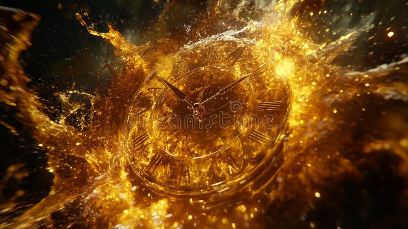 Close-up of a Golden Clock Exploding in a Burst of Energy Stock Image ...