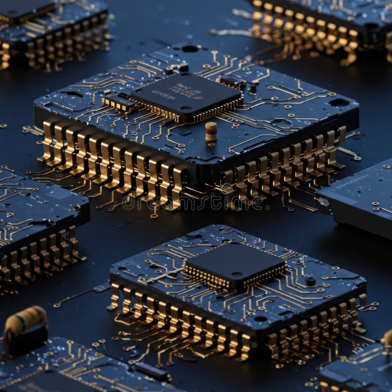 Close Up of Golden Computer Chips on Dark Background Stock Illustration ...