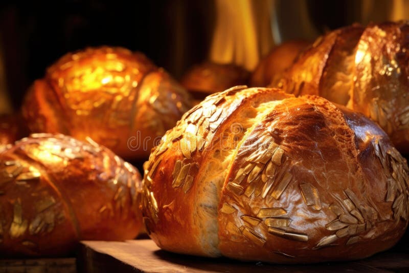 Close-up of Golden Crusty Bread Loaves in Bakery Stock Photo - Image of ...