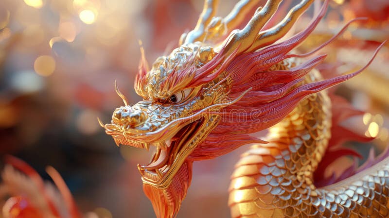 Close-up of a Golden Dragon with Red Mane and Scales Stock Illustration ...