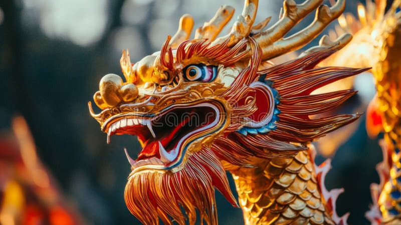 A Close-Up of a Golden Dragon S Head with a Red Mane and Open Mouth ...