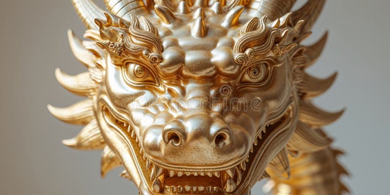 Close Up of a Golden Dragon Statue with Fangs and Eyes. Stock Image ...