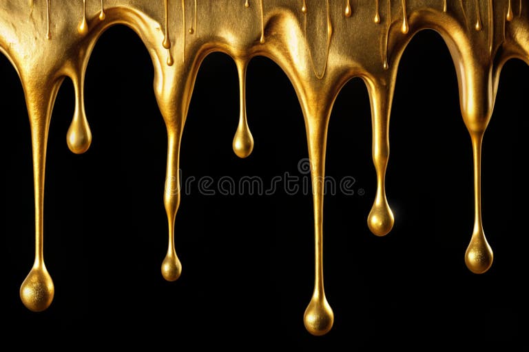 Golden Dripping Liquid Paint Texture on Black Background Stock ...